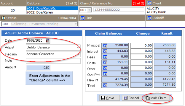 MultiClaim Debtor Balance Adjustments