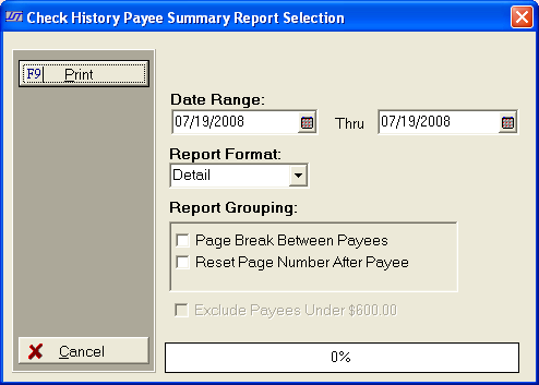 Check History Payee Summary Report Selection Criteria