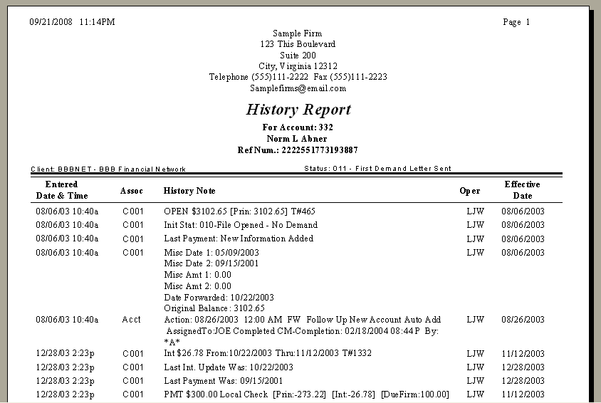 Debtor History Report Sample