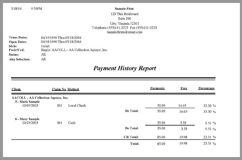 Payment History Detail Report Sample